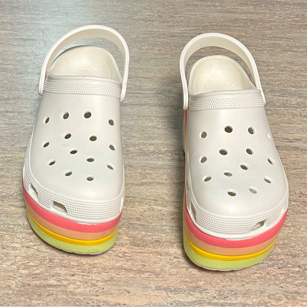White Gardener Platform Clogs With Rainbow Colors - Gem